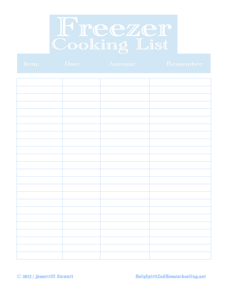 Once A Month Cooking and Freezer Cooking List Printable