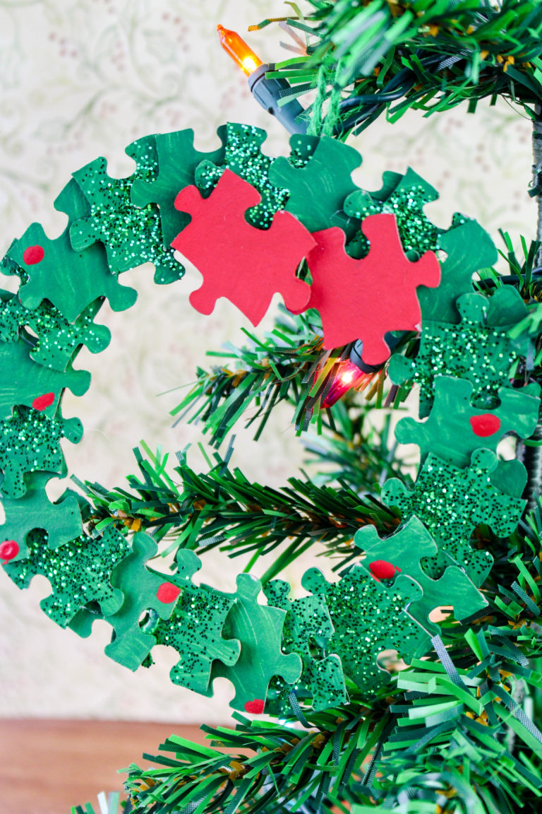 Puzzle Christmas Wreath Craft Project for Kids - Large Family Table